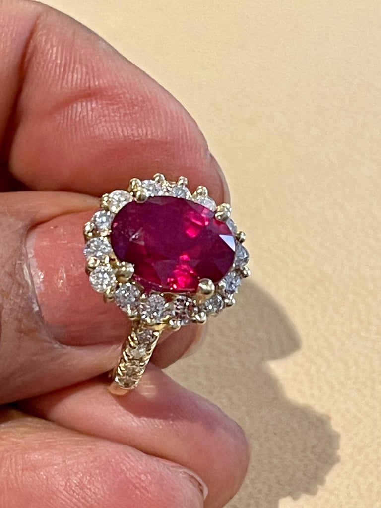 Oval 5 Carat Treated Ruby and 1.25 Carat Diamond 14 Karat Yellow Gold ...