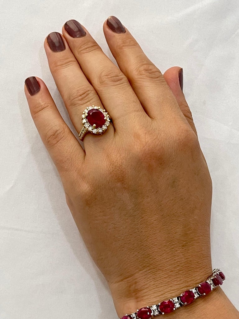 Oval 5 Carat Treated Ruby and 1.25 Carat Diamond 14 Karat Yellow Gold ...
