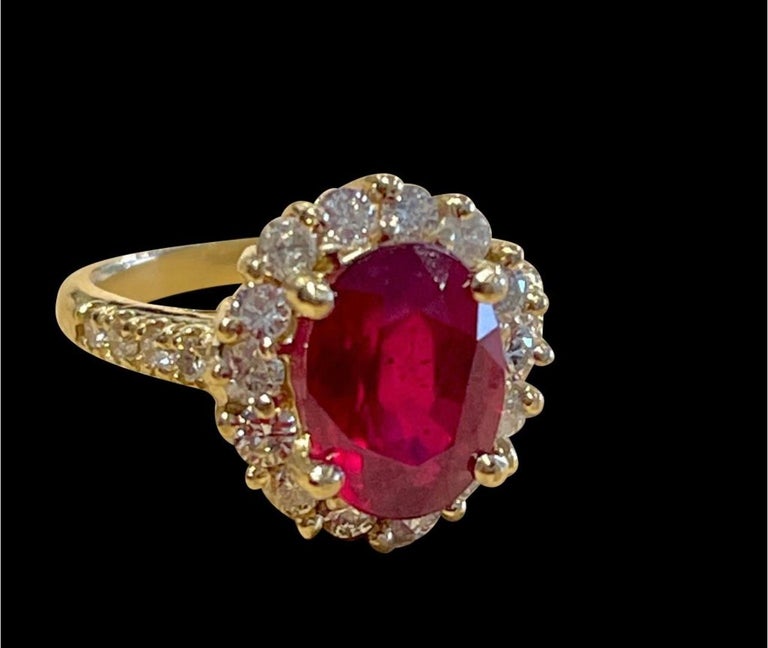 Oval 5 Carat Treated Ruby and 1.25 Carat Diamond 14 Karat Yellow Gold ...