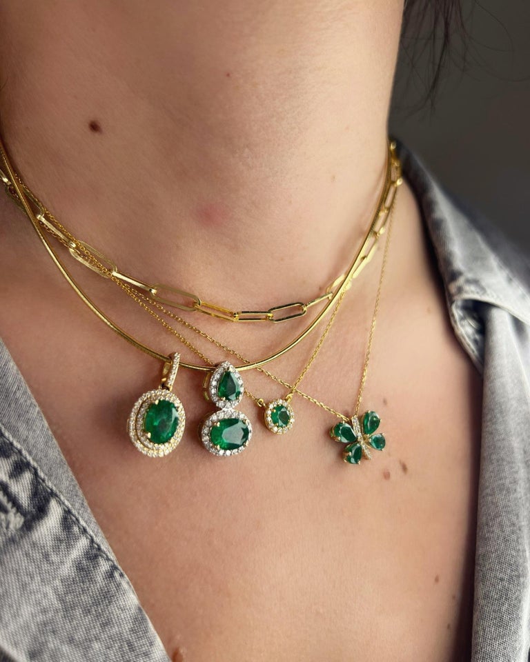 Oval and Pear Shape Emerald Pendant with Diamond Halo on Omega Chain ...