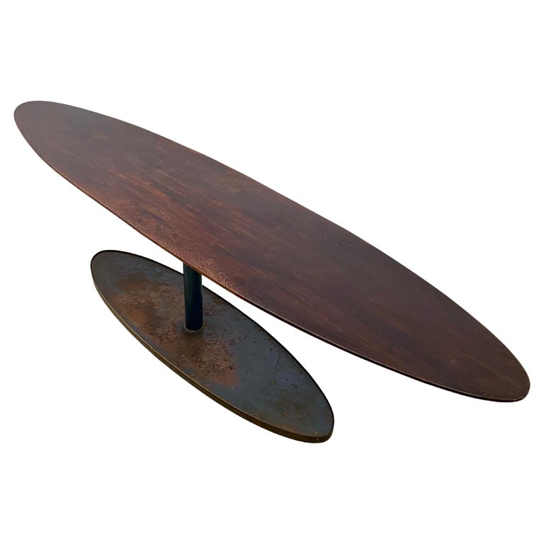 Oval and Slender Dining Table in Wengé, Steel and Brass, France, 1960's ...