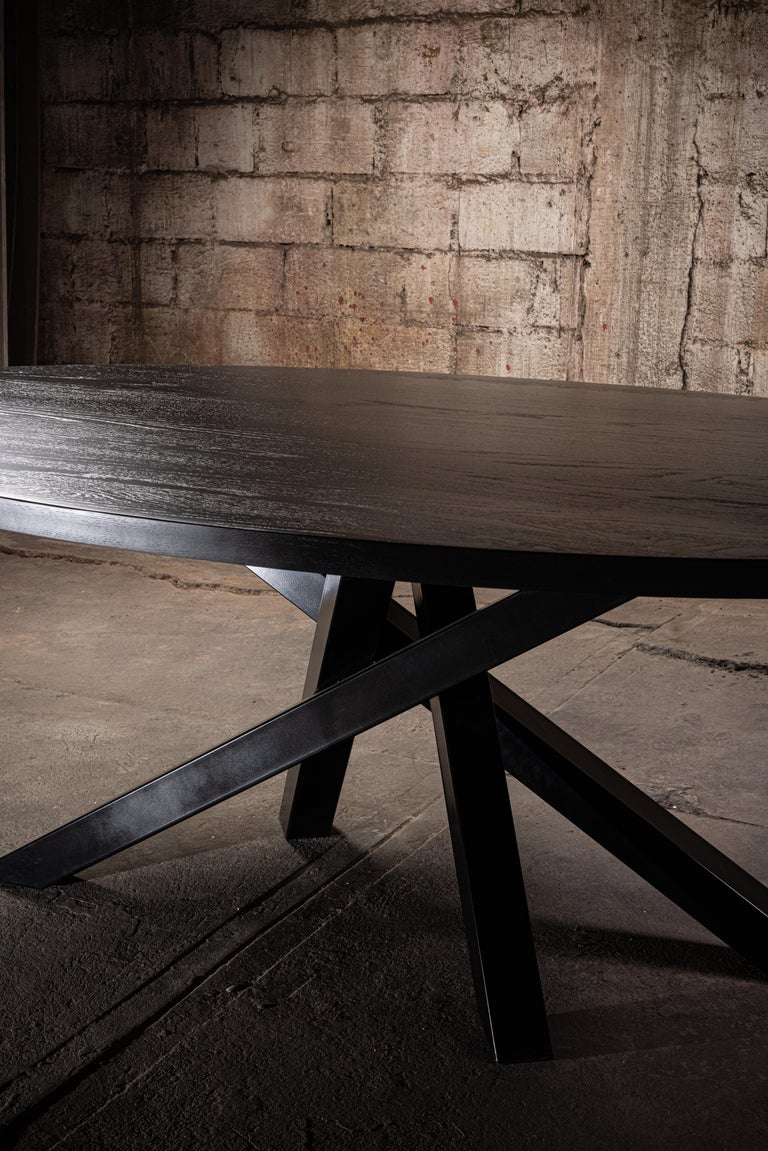 Oval Black Oak Dining Table with Criss Cross Black Metal Base For Sale ...