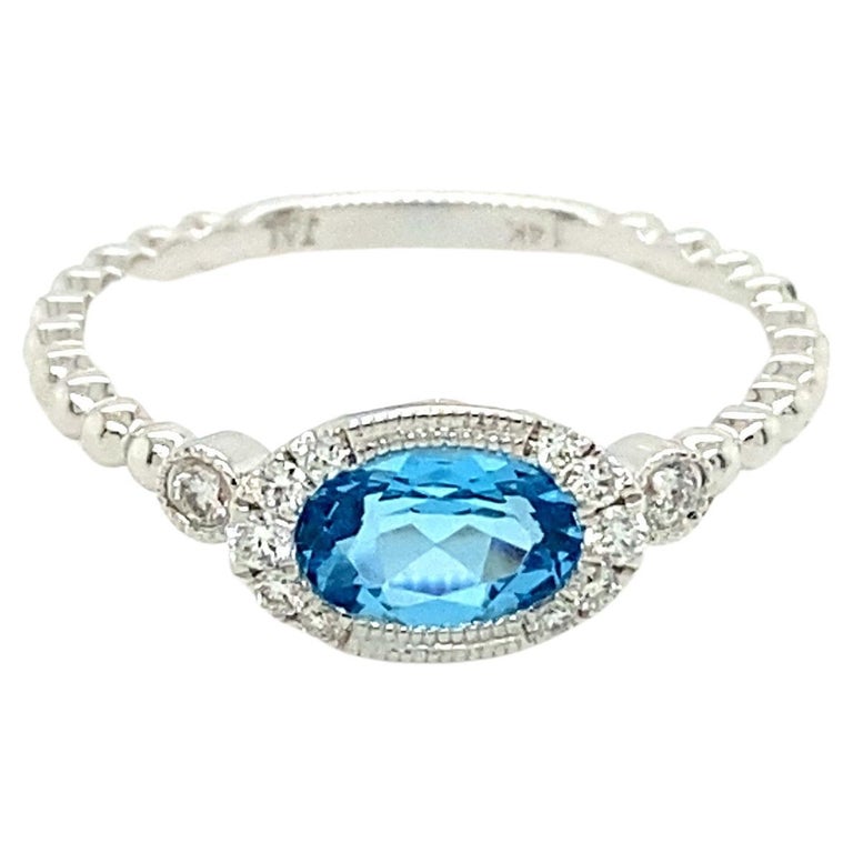 Oval Blue Ring w Blue Topaz Set East to West with Diamonds Beaded Ring ...