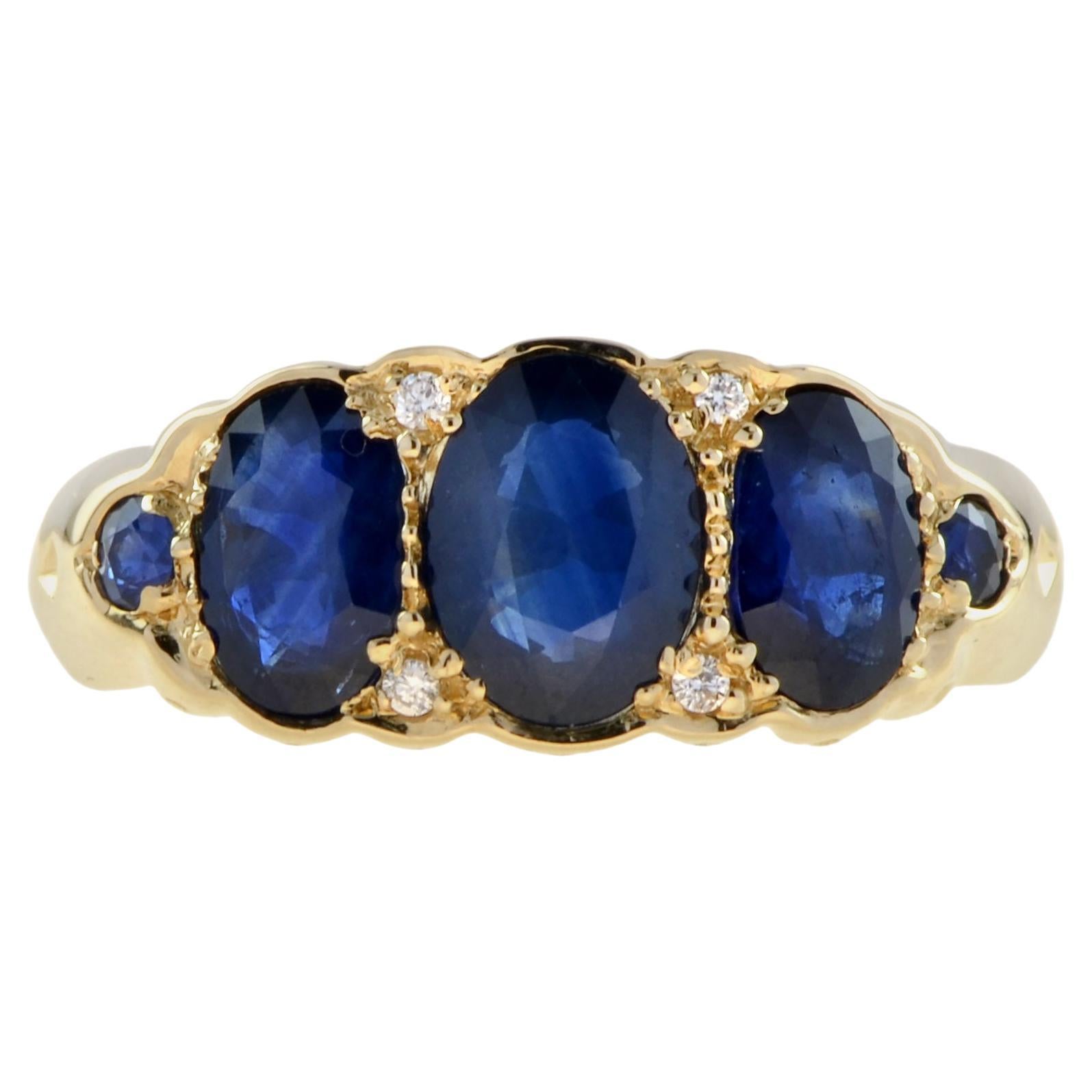 Oval Blue Sapphire and Diamond Vintage Style Three Stone Ring in 9K ...