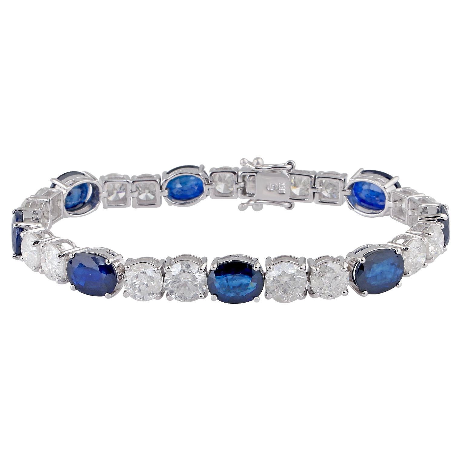 Oval Blue Sapphire Gemstone Charm Bracelet Diamond 18 Karat White Gold ...