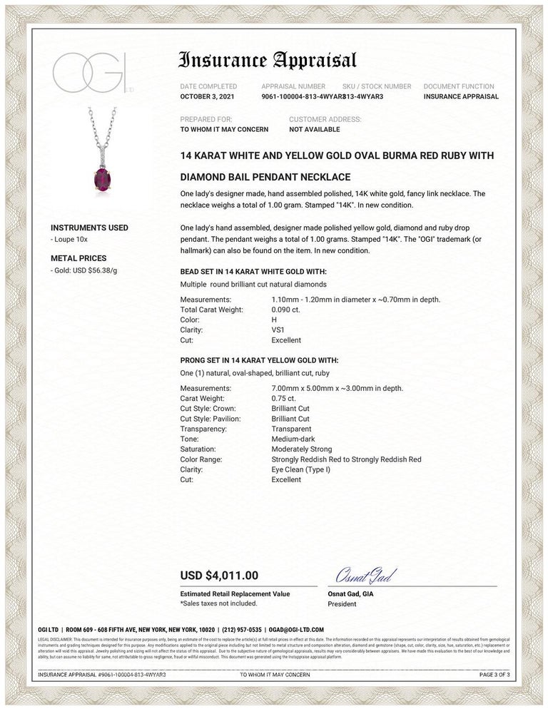 Oval Burma Red Ruby with Diamond Bail White and Yellow Gold Pendant ...