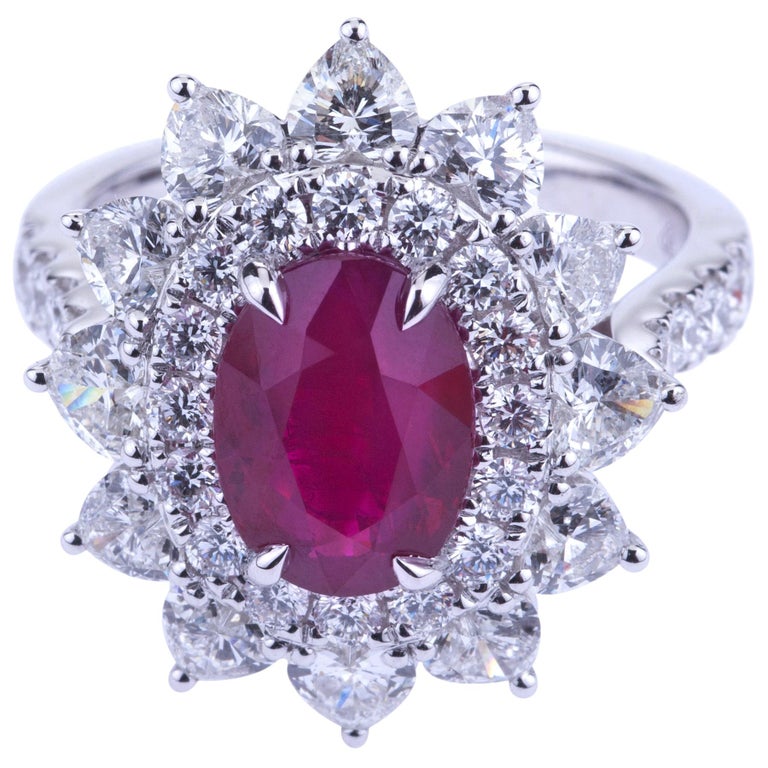 Oval Burma Ruby with Hearth Diamonds White Gold Ring with Certificate ...
