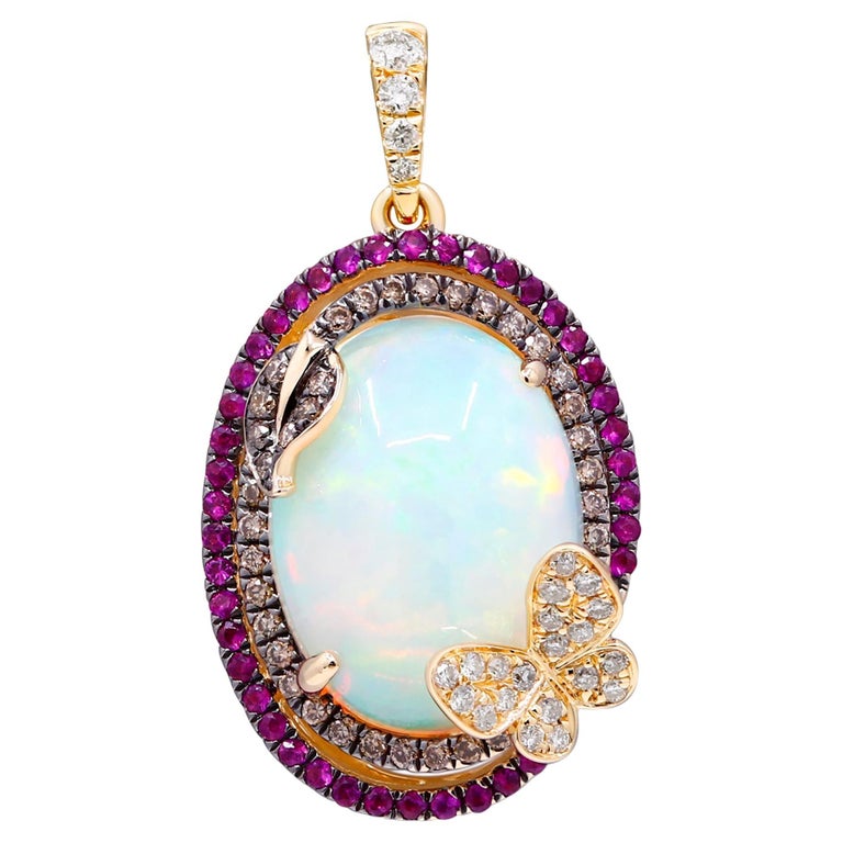 Oval Cab Ethiopian Opal, Ruby with Diamond Accents 10K Yellow Gold ...