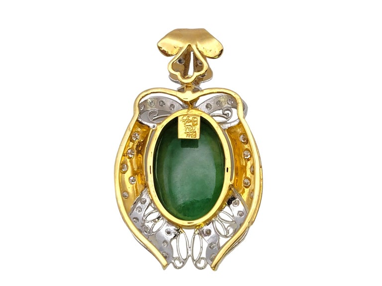 Oval Cabochon Jade and Bow Detail Pave Diamond Pendant in 18 Karat Gold ...