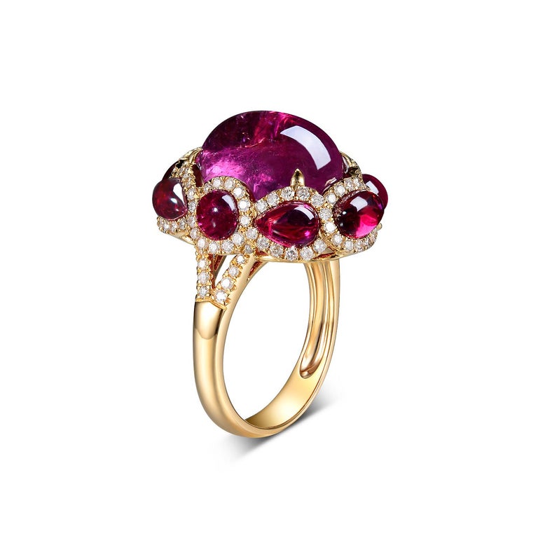 Oval Cabochon Rubelitte Diamond Cocktail Ring in 18K Yellow Gold For ...