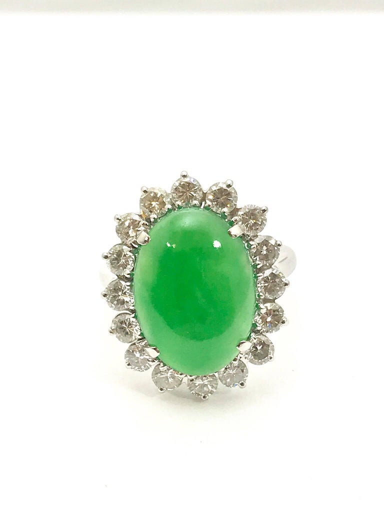 Oval Cabochon Type "A" Natural Jadeite Jade and Diamond Platinum Ring ...