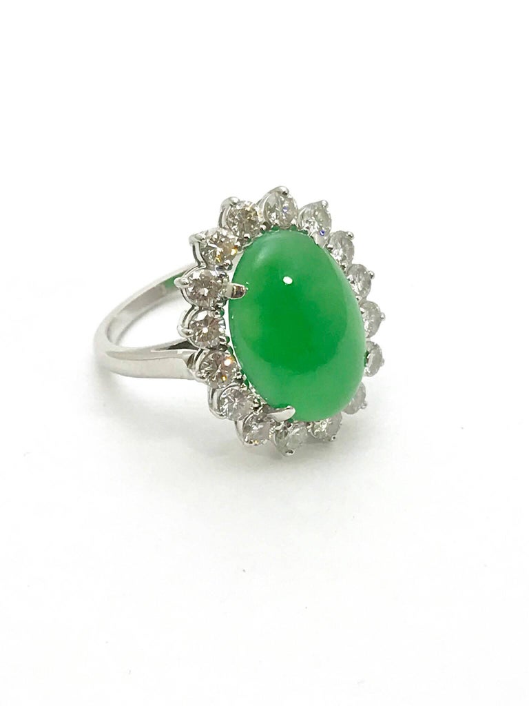 Oval Cabochon Type "A" Natural Jadeite Jade and Diamond Platinum Ring ...