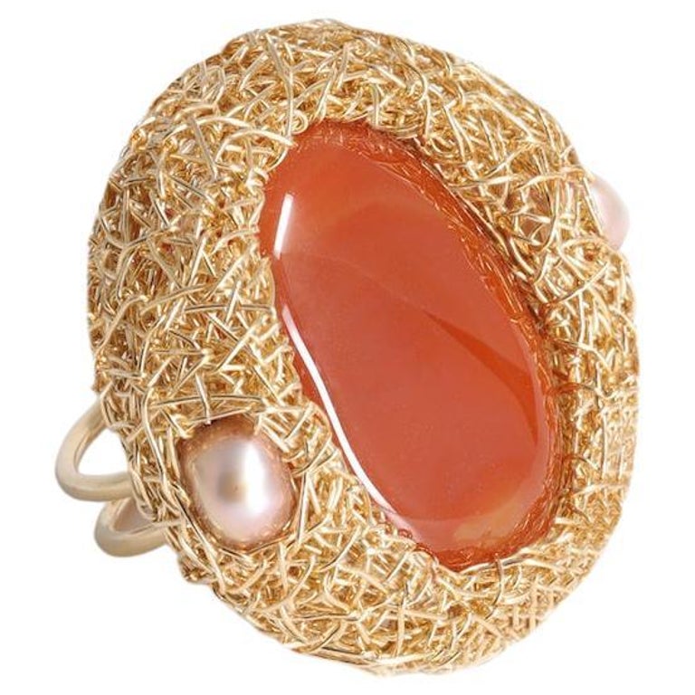 Oval Carnelian and Pearl 14 Kt Gold F. Cocktail Statement Ring by the ...
