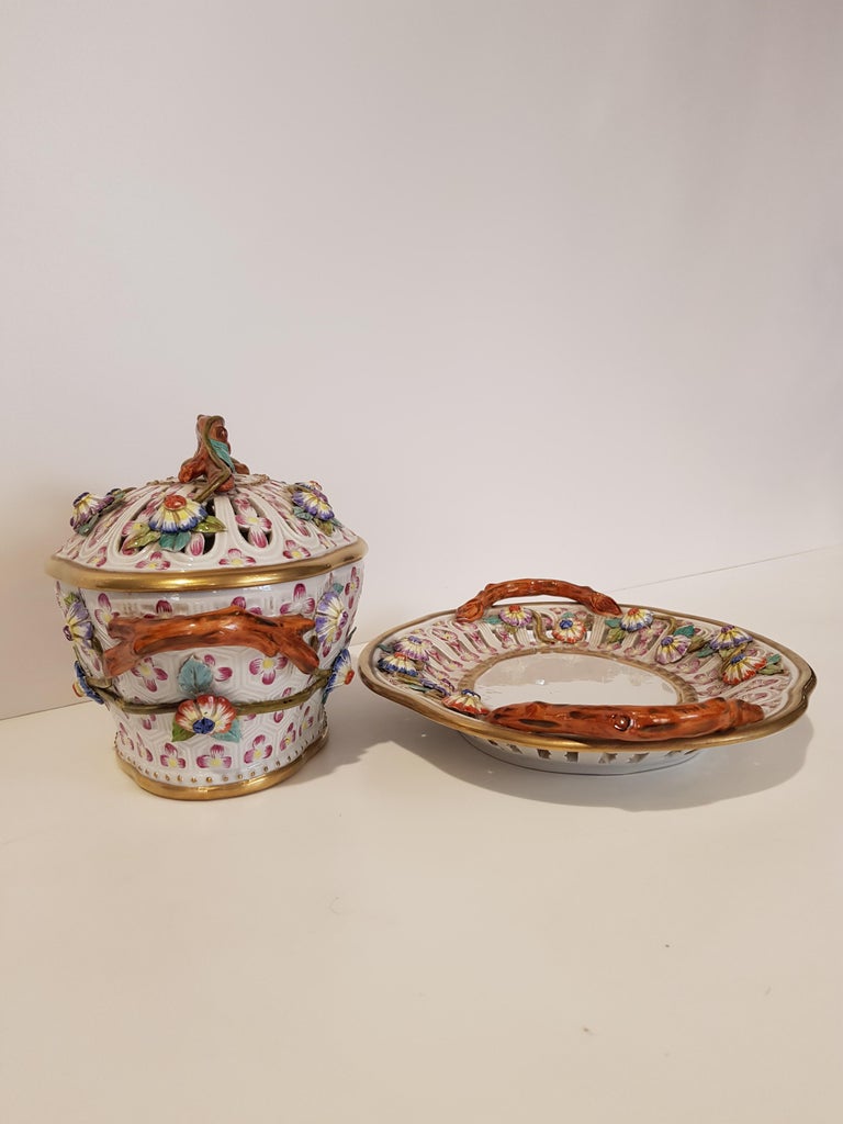 Italian Capo di Monte Porcelain oval centerpiece 1970s white brown ...