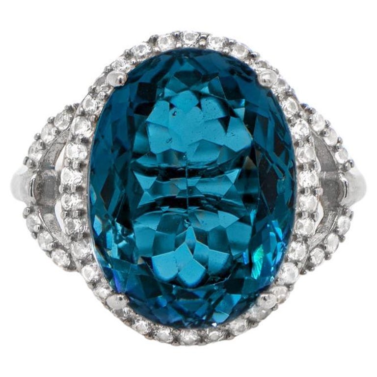 Oval Cut 12 Carat London Blue Topaz Ring with White Topaz Halo Silver ...
