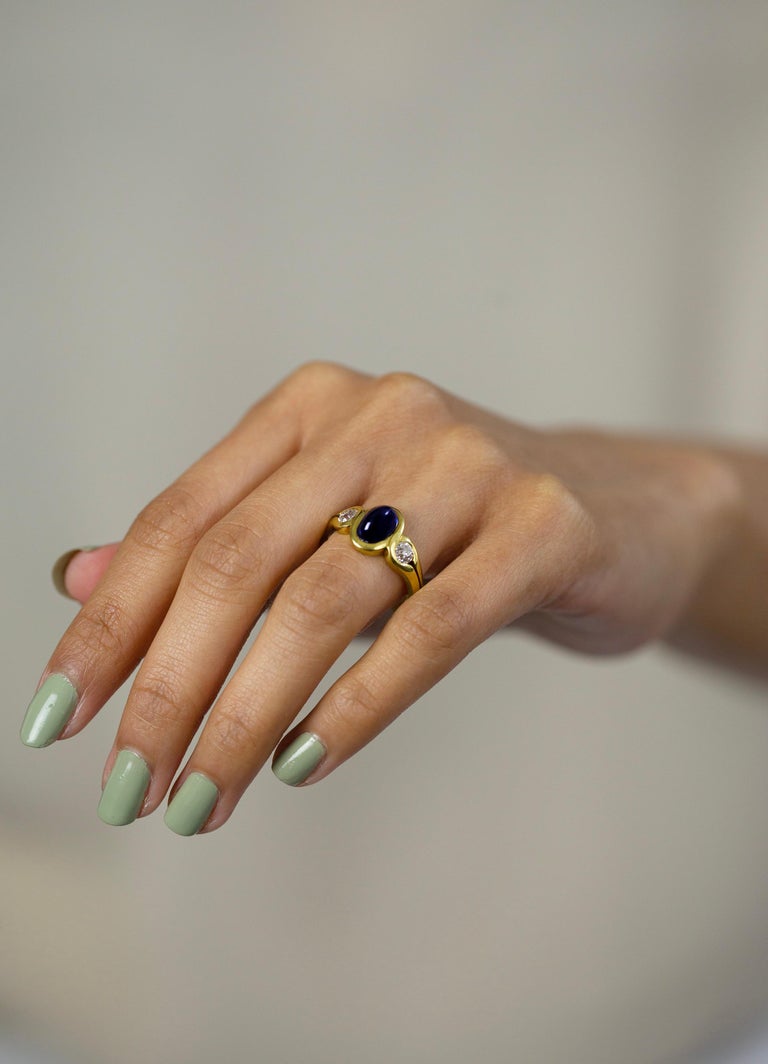 2.50 Cabochon Blue Sapphire and Diamond Three Stone Fashion Ring For ...