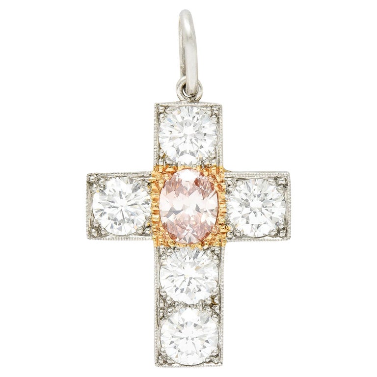 Oval Cut Fancy Pink Diamond Platinum 18 Karat Gold Unisex Cross Pendant ...