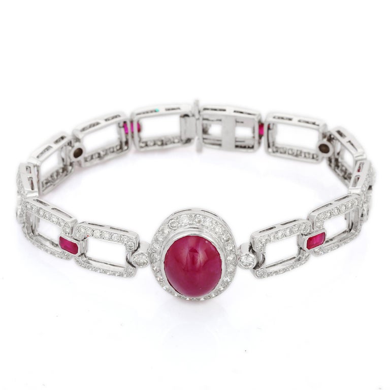 Oval Cut Ruby Link Bracelet in 18K White Gold with Diamonds For Sale at ...