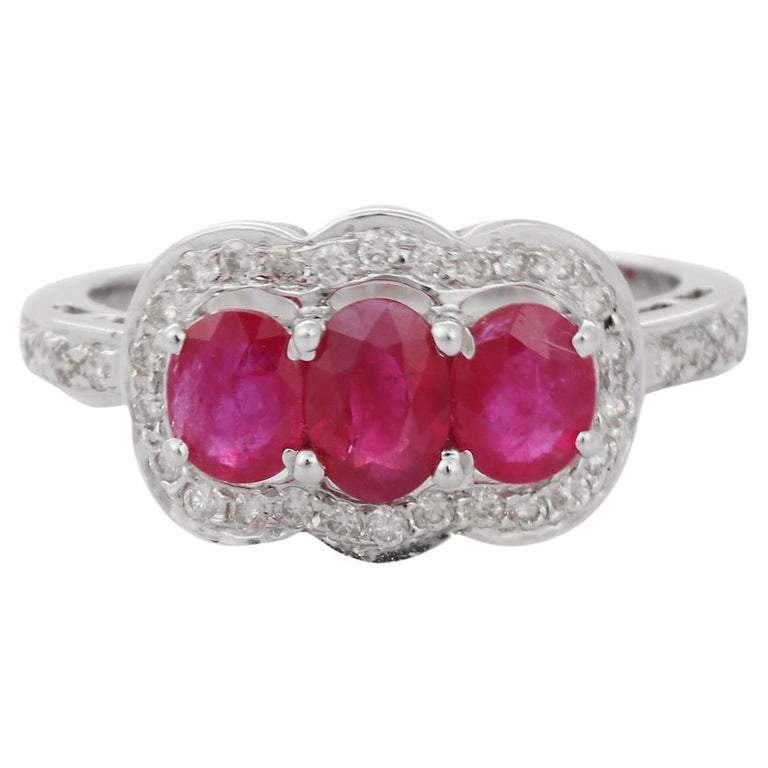 Customizable Oval Cut Three Stone Ruby Engagement Ring in 18K White ...