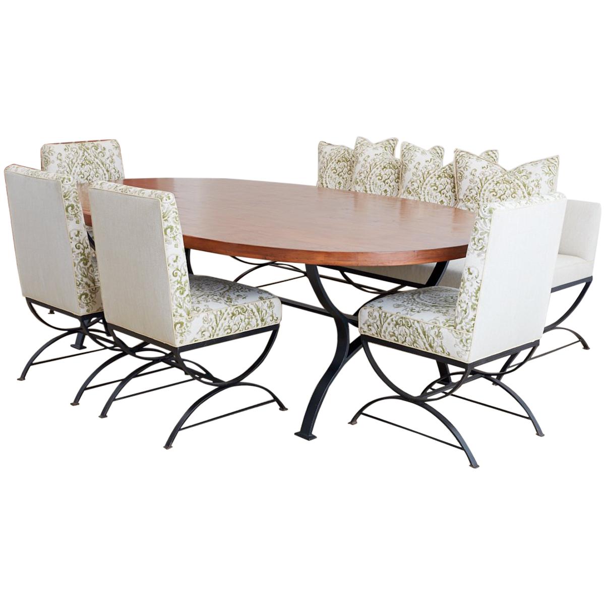 Oval Dining Suite with Iron Leg Chairs and Banquette at 1stDibs