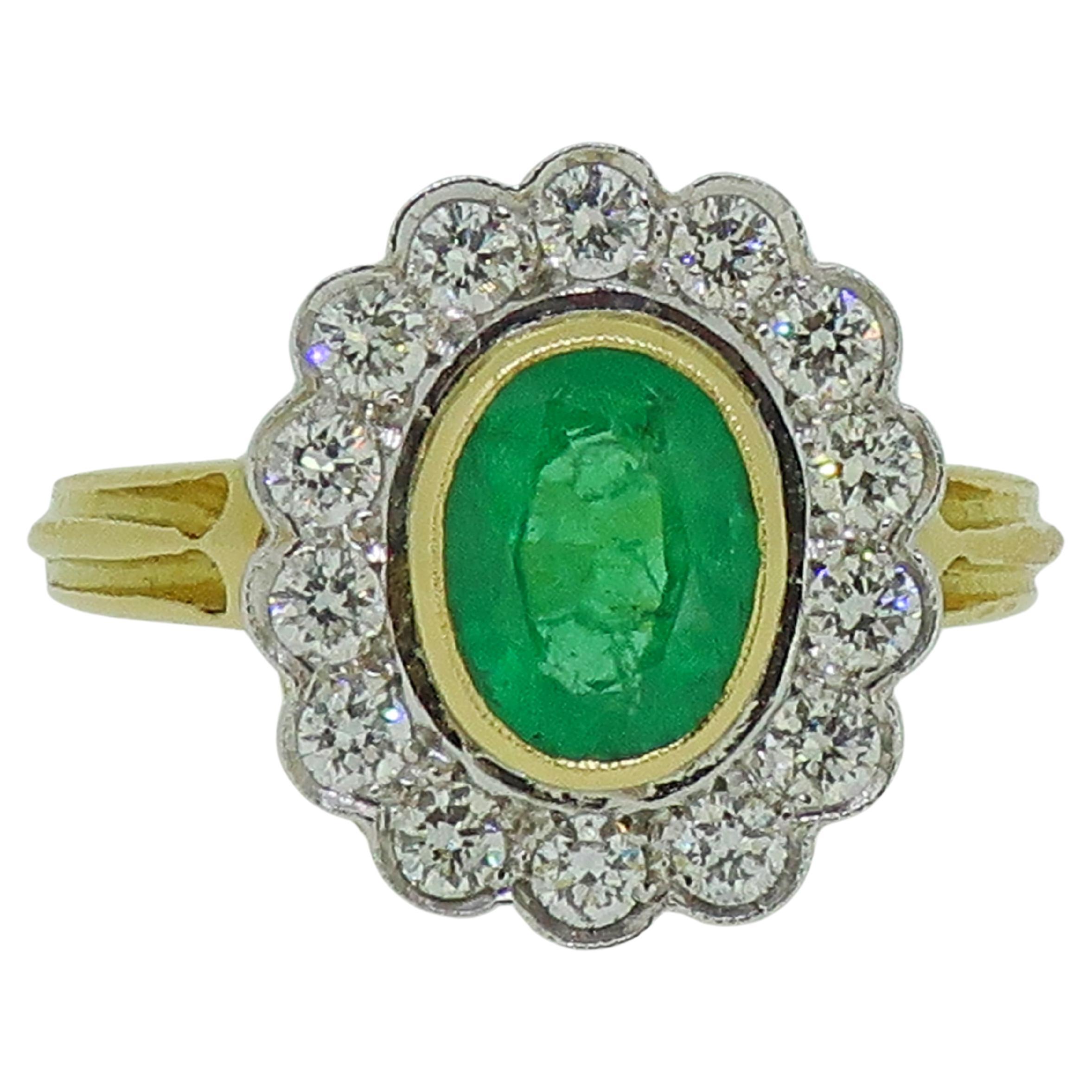 Emerald Diamond Gold Oval Cluster Ring For Sale at 1stDibs