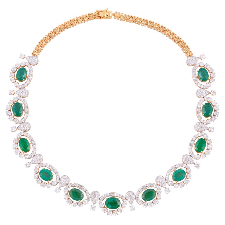 Oval Emerald Gemstone Necklace Diamond 18 Karat Rose Gold Handmade ...