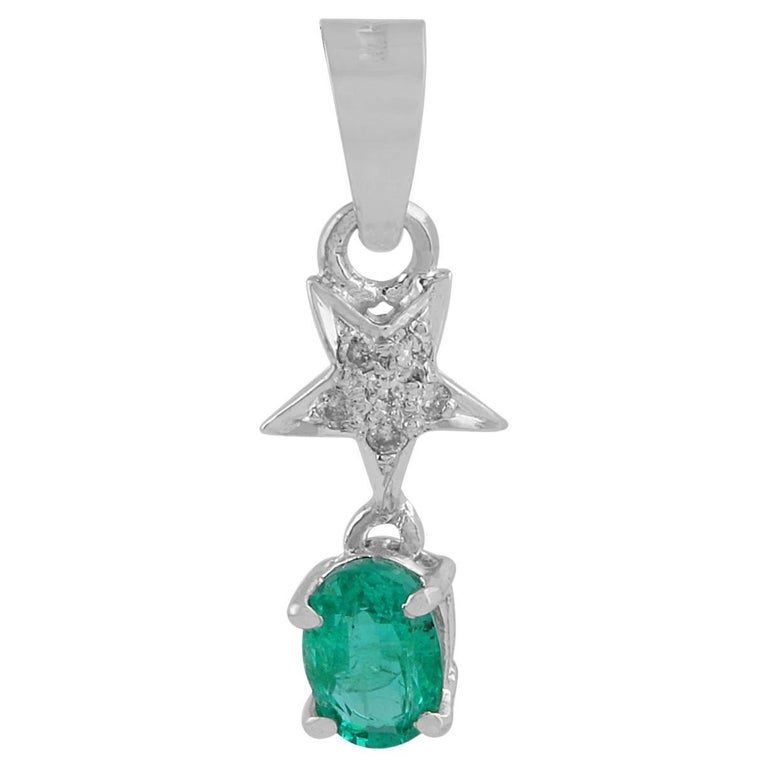 Oval Emerald Gemstone Star Charm Pendant Diamond 14 Karat White Gold ...