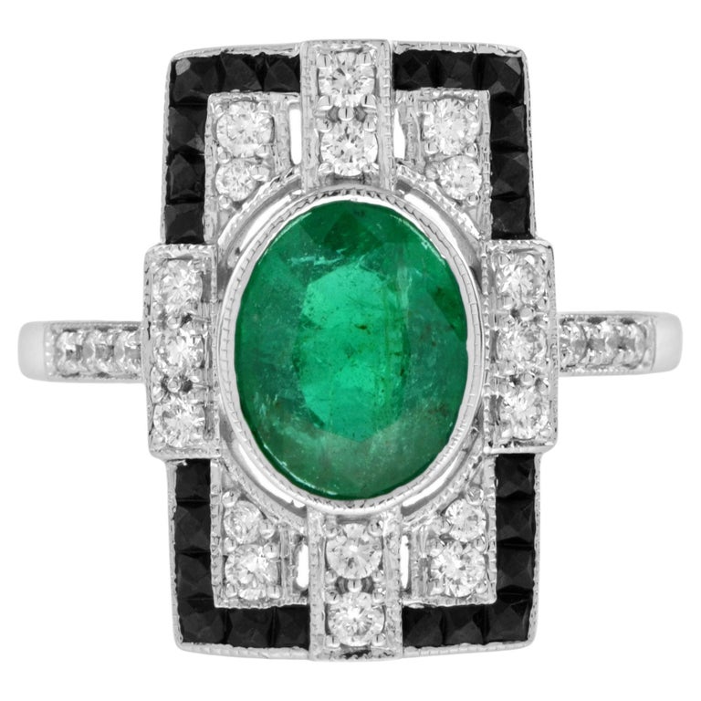 Oval Emerald with Diamond Onyx Rectangular Shape Ring in 18k White Gold ...