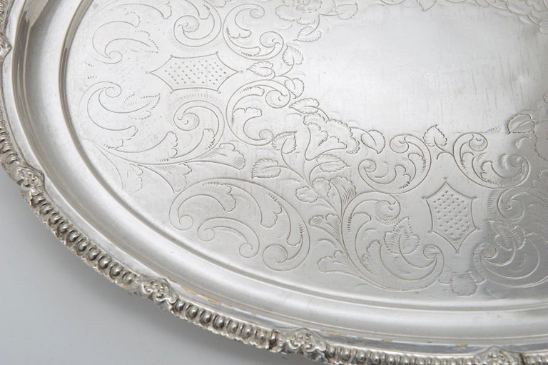 Oval Engraved Silver Plated Tray For Sale at 1stDibs