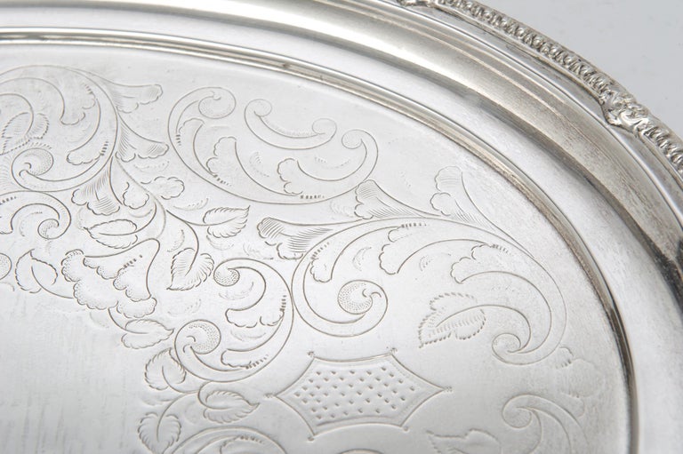 Oval Engraved Silver Plated Tray For Sale at 1stDibs