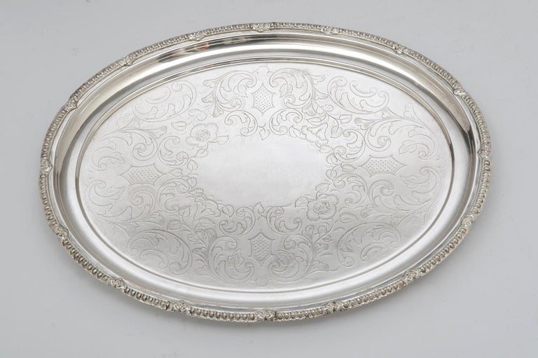 Oval Engraved Silver Plated Tray For Sale at 1stDibs
