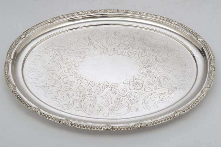 Oval Engraved Silver Plated Tray For Sale at 1stDibs