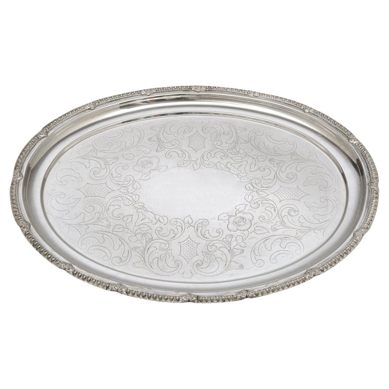 Oval Engraved Silver Plated Tray For Sale at 1stDibs