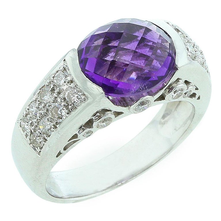 Oval Faceted Amethyst Ring with Diamonds For Sale at 1stDibs