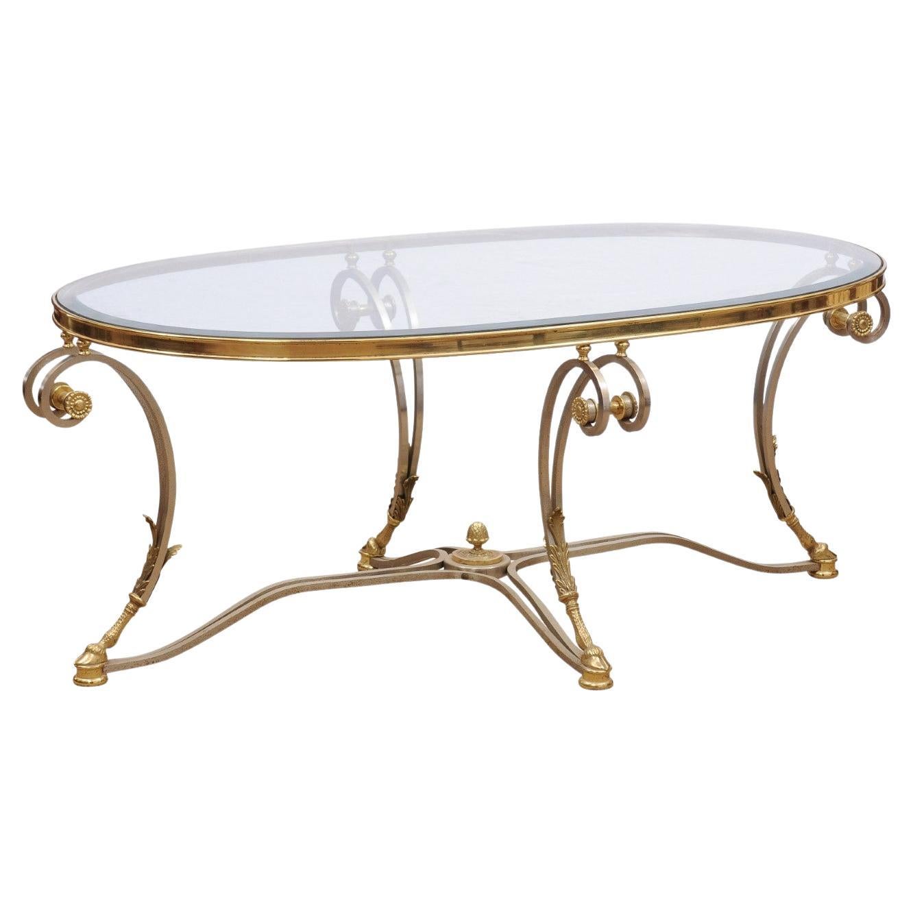 Oval French Steel and Brass Coffee Table with Glass Top, Hoof Feet and ...