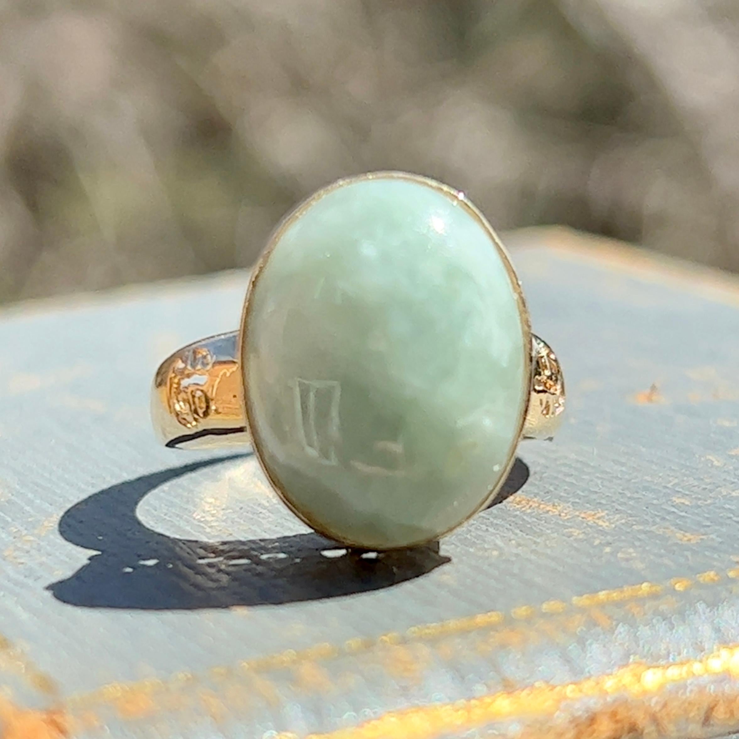 Oval Jadeite Cabochon Ring in 14k Yellow Gold For Sale at 1stDibs
