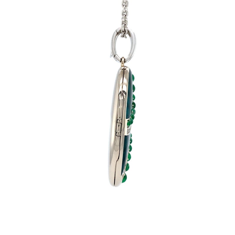 Oval Locket 18k White Gold Emerald Green Vitreous Enamel 35 Diamonds 16 ...