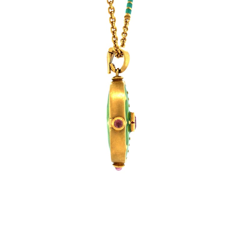 Oval Locket Pendant 18k Yellow Gold Matt Green Enamel Guilloche 4 Pink ...