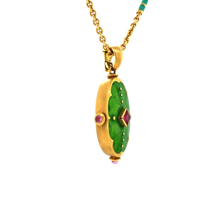 Oval Locket Pendant 18k Yellow Gold Matt Green Enamel Guilloche 4 Pink ...