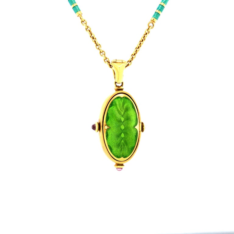 Oval Locket Pendant 18k Yellow Gold Matt Green Enamel Guilloche 4 Pink ...