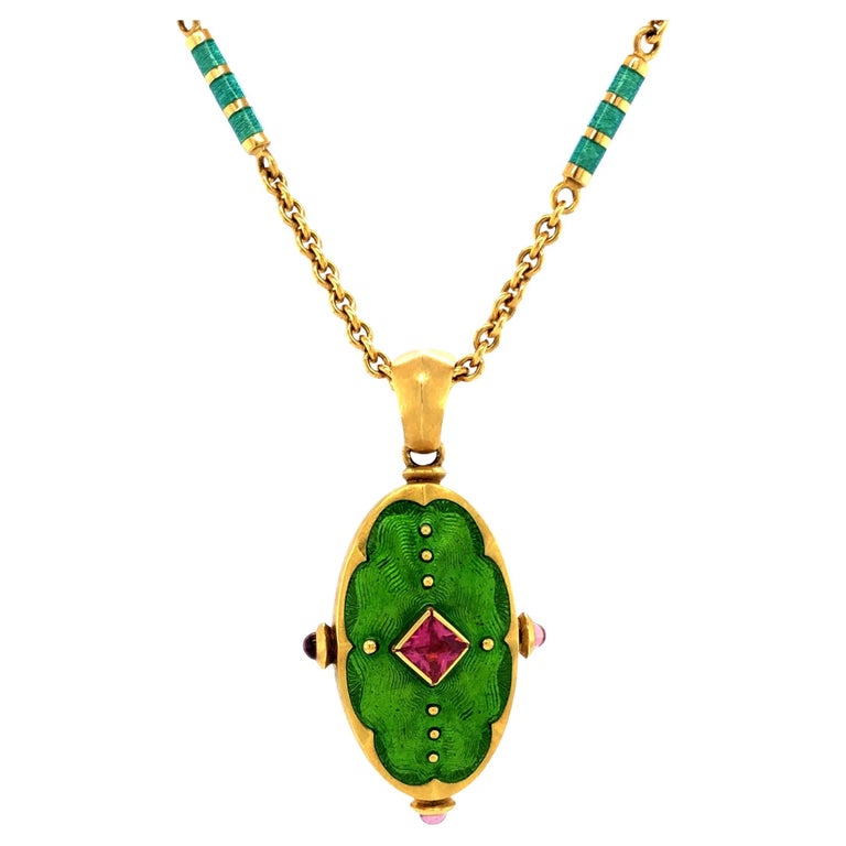 Oval Locket Pendant 18k Yellow Gold Matt Green Enamel Guilloche 4 Pink ...