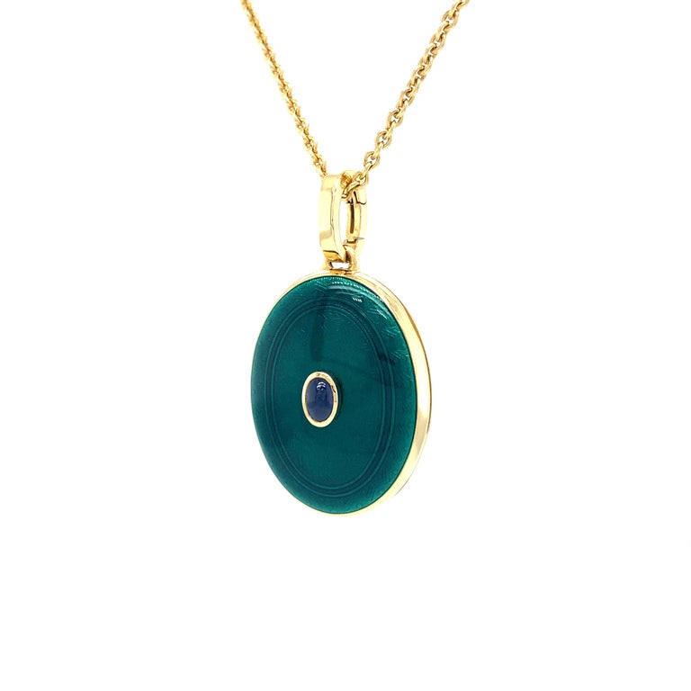 Oval Locket 18k Yellow Gold Emerald Green Vitreous Enamel Blue Sapphire ...
