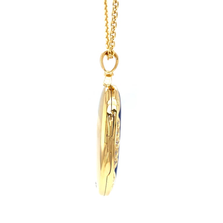 Oval Locket Pendant 18k Yellow Gold Electric Blue Guilloche Enamel 25 ...