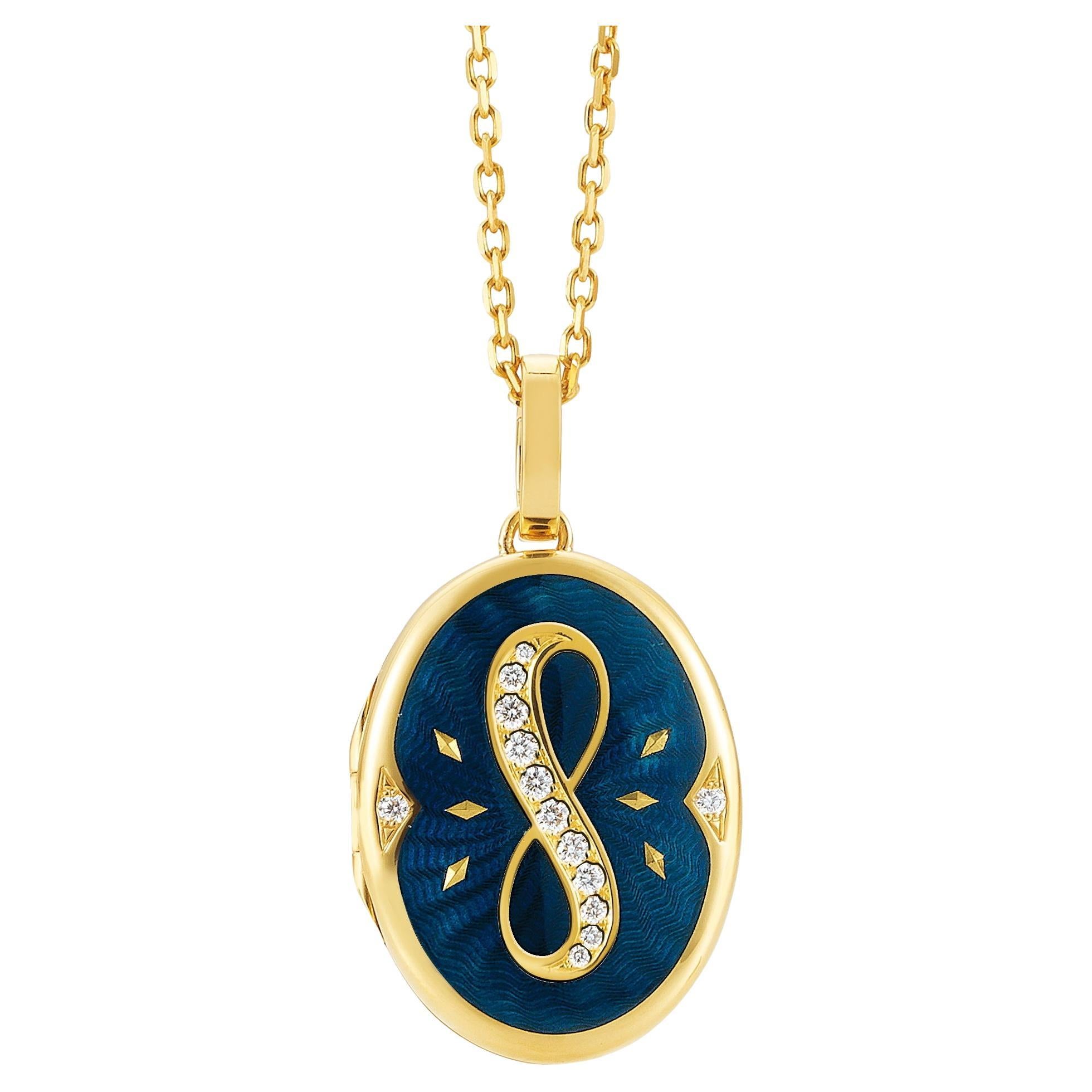 Oval Locket Pendant Necklace 18k Yellow Gold Blue Enamel 13 Diamonds 0. ...