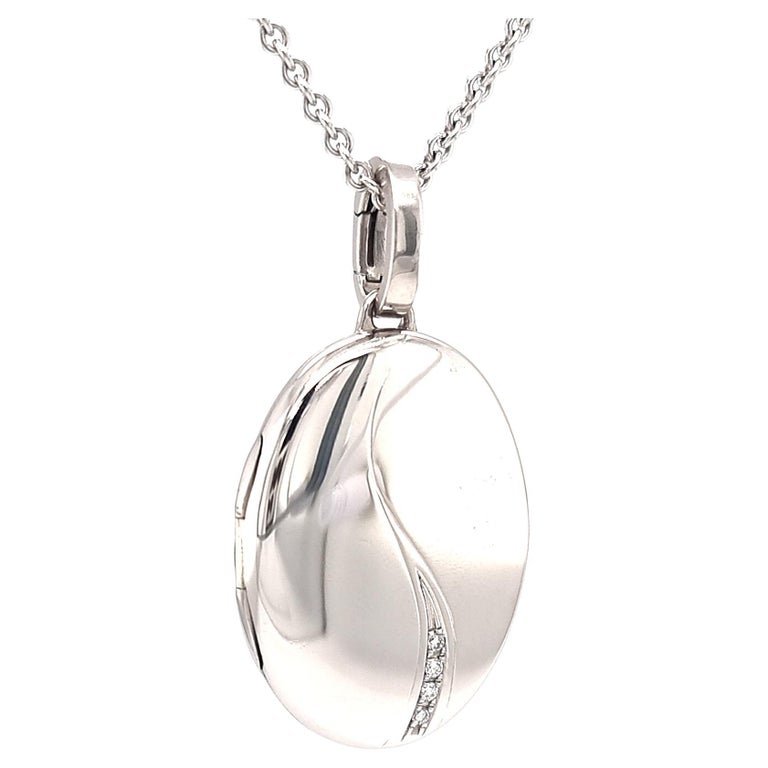 Oval Locket Pendant Necklace Solid 18k White Gold 4 Diamonds 0.04 Carat ...