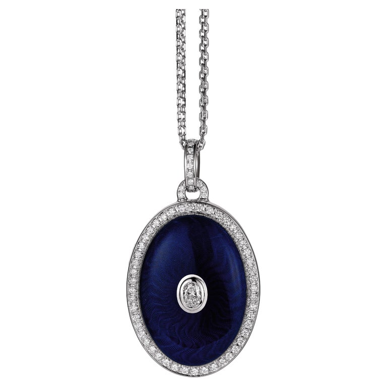 Oval Locket Pendant Neckal White Gold with Electric Blue Enamel and 65 ...