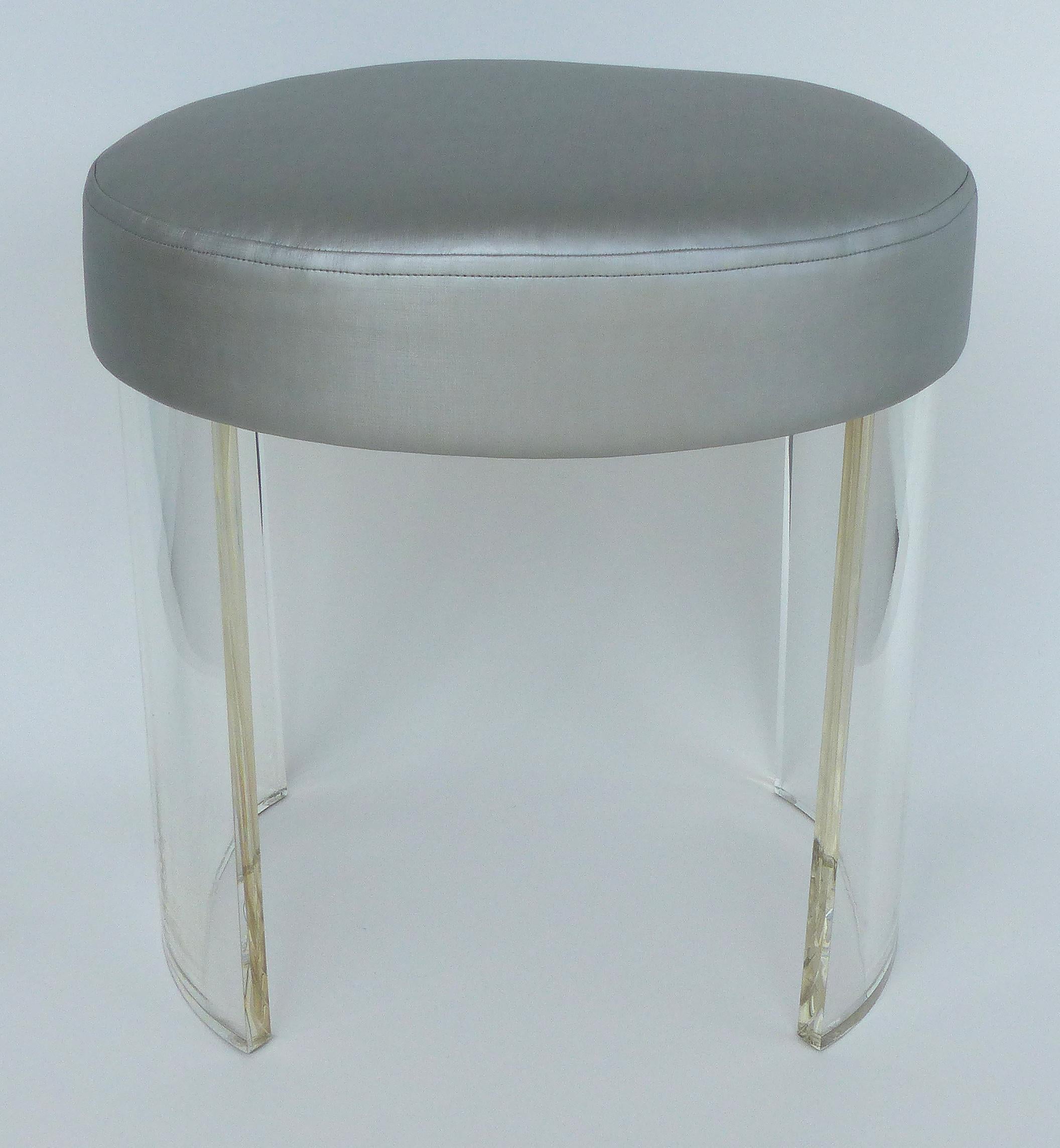 Custom Round Lucite Vanity Stool with a Silver Metallic Upholstered ...