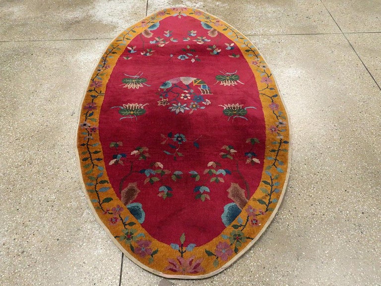Oval Mid-20th Century Handmade Chinese Art Deco Accent Rug in Red and ...
