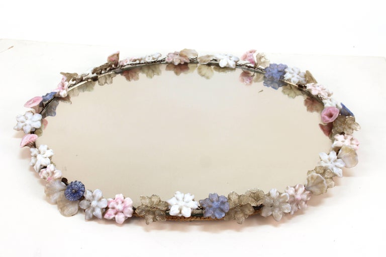 Oval Mirror with Murano Glass Flower Frame at 1stDibs