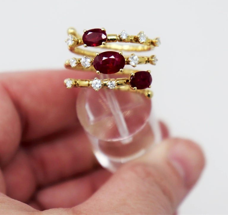 Oval Ruby and Diamond 3 Carats Total Multi Row Flexible Wrap Ring 14 ...